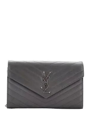 Saint Laurent Classic Monogram Wallet On Chain Matelasse Chevron Leather Medium Crossbody Bag Grey