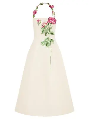LEO LIN Lynn Embroidered Linen-SIlk Midi Dress