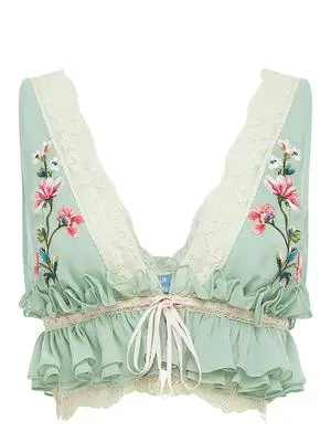 LEO LIN Fiadh Ruffled Embroidered Crop Top - Light Blue