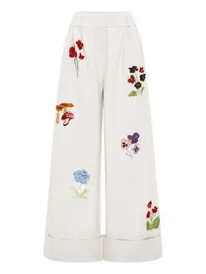 LEO LIN Nico Embroidered Cotton-linen Wide-leg Pants - White