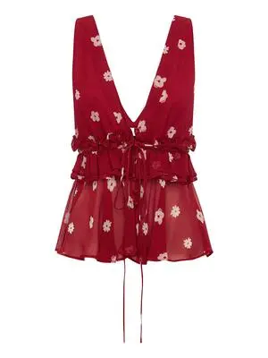 LEO LIN Briar Ruffled Chiffon Top - Red