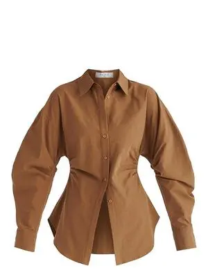 PAISIE Sculptural Ruched Waist Shirt With Volume Sleeves - Brown