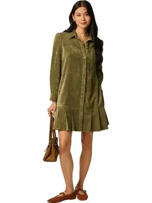 Adrianna Papell Long Sleeve Corduroy Pleated Hem Hailey Dress - Olive