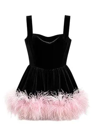 BRONX AND BRONCO Avery Feather-trim Velvet Mini Dress - Black