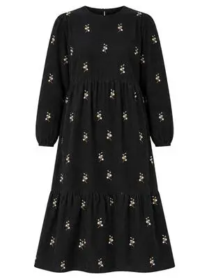 YUMI Long Sleeve Midi Dress With Floral Embroidery - Black