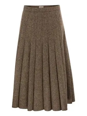 Brunello Cucinelli Pleated Wool Midi Skirt - Brown
