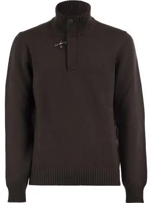 FAY Virgin Wool Jumper With High Neck And Hook Fastening - Brown