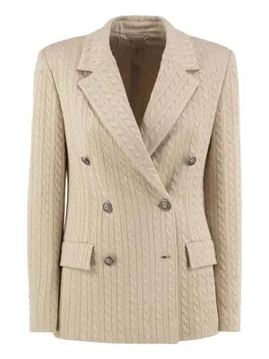 Brunello Cucinelli Double-breasted Cable-jacquard Blazer With Metallic Yarn - Cream