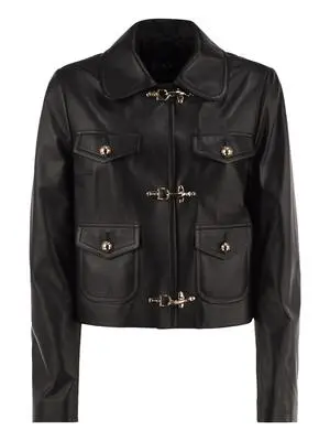 FAY Cropped Genuine Leather Jacket With Hooks - Black