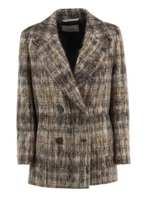 Peserico Double-breasted Mohair-blend Checked Blazer - Gray