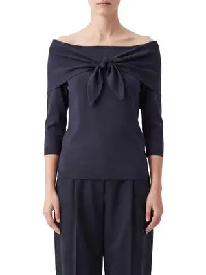 Max Mara Max Mara Women Max Mara Slim Fit Striped Wool Crewneck Jumper With Pussy-Bow Neck Blue