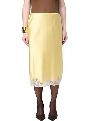 Saint Laurent Satin Midi Skirt With Lace Inserts - Yellow