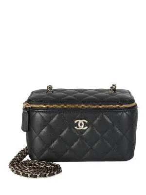 CHANEL Black Quilted Caviar Crystal CC Vanity Case With Chain