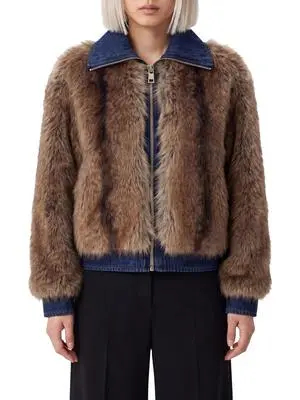 Liu Jo Cropped Faux Fur Bomber Jacket With Classic Collar - Brown