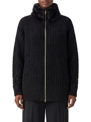 Herno Merino Wool Cardigan With Faux Fur Collar - Black
