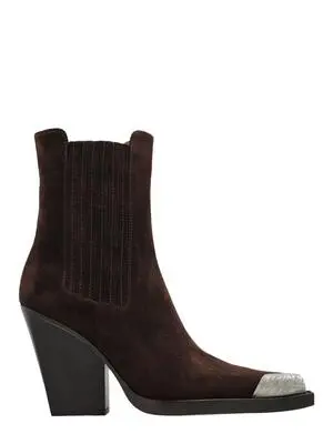Paris Texas Dallas Suede Western Ankle Boots With Metal Toe Cap And High Heel - Brown