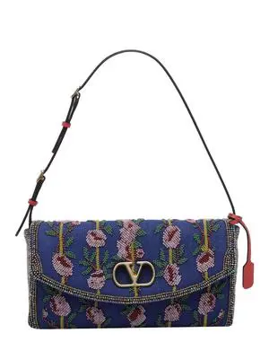 Valentino Garavani Vlogo Signature Canvas Shoulder Bag With Floral Embroidery - Blue