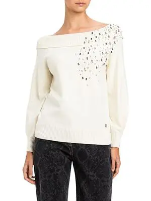 TWINSET Rhinestone-embellished Viscose-blend Crew-neck Jumper - Ivory