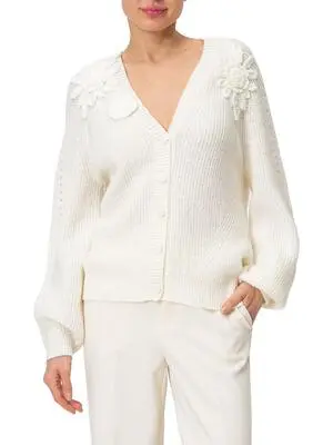 TWINSET V-neck Wool Blend Cardigan With Flower Application - Pearl