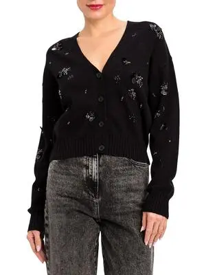 TWINSET V-neck Wool-blend Cardigan With Rhinestone Embroidery - Black