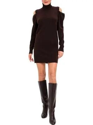 TWINSET Cut-out Turtleneck Mini Dress In Wool Blend Knit - Brown