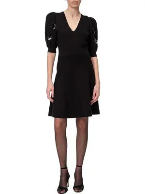 TWINSET Sequin-embroidered Knit Sheath Mini Dress With Puff Sleeves - Black
