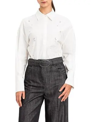 TWINSET Cotton Poplin Shirt With Rhinestone Embroidery And Dropped Shoulders