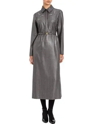 TWINSET Belted Pinstripe Midi Shirt Dress In Viscose Blend Charcoal