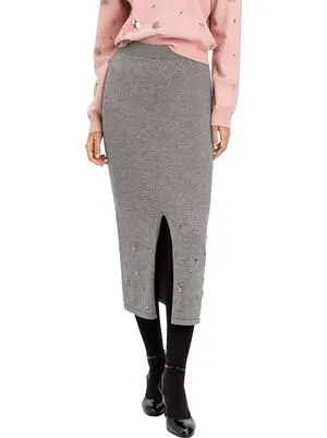 TWINSET Rhinestone-embellished Wool-knit Midi Pencil Skirt With Slit - Grey