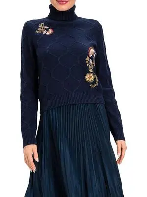 TWINSET Relaxed Fit Wool Turtleneck Jumper With Embroidery - Blue