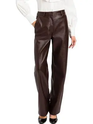 TWINSET High-waisted Wide Leg Trousers In Grained Faux Leather - Brown