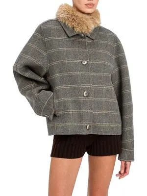 TWINSET Check Short Coat In Wool Blend With A Faux Fur Collar - Grey