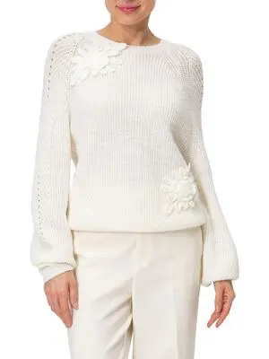 TWINSET Wool Blend Crewneck Jumper With Floral Embroidery Appliqué Pearl