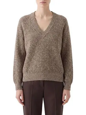 Brunello Cucinelli V-neck Cashmere Blend Jumper Brown