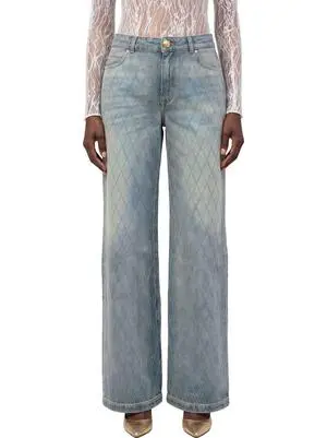 BALMAIN High-waisted Wide-leg Jeans In Cotton Denim With Diamond Pattern