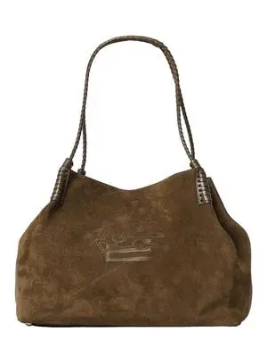 Etro Libra Suede Shoulder Bag With Pegaso Logo And Braided Handles Green