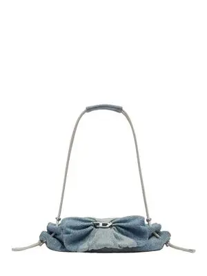 DIESEL® Scrunch-d Denim Shoulder Bag With Crystals And Metal Oval D Logo - Blue