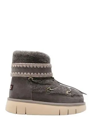 Mou Suede Shearling Ankle Boots With Embroidery And Adjustable Drawstring Grey