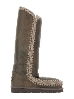 Mou Knee-high Eskimo Boots In Cracked Leather With Crochet Stitching - Brown