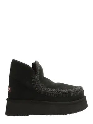 Mou Mini Eskimo Platform Suede Boots With Crochet Stitching - Black