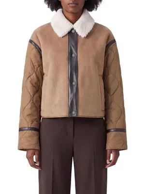 Max Mara Cropped Suede Leather Jacket With Fur Collar - Brown