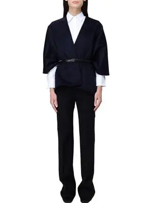 Max Mara Max Mara Women Max Mara Asymmetric Virgin Wool Cape With V-Neck And Adjustable Belt Blue