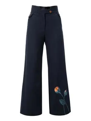 RONDOOZ Hand Painted Cotton Wide Leg Trousers With Hand Applied Embellishment - Blue