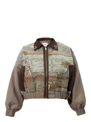 RONDOOZ Hand Painted Velvet Bomber Jacket With Antique French Gobelin Tapestry & Hand Applied Embellishment - Brown
