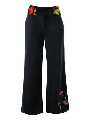RONDOOZ Hand Painted Velvet Wide Leg Trousers Antique French Gobelin Tapestry & Hand Applied Embellishment - Black