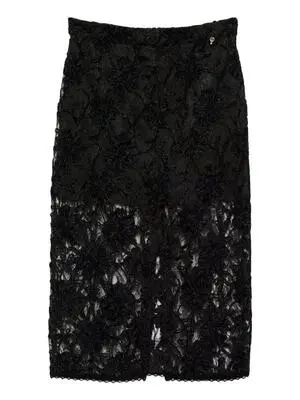 PHILIA LOFT Floral-lace Slit Midi Skirt - Black
