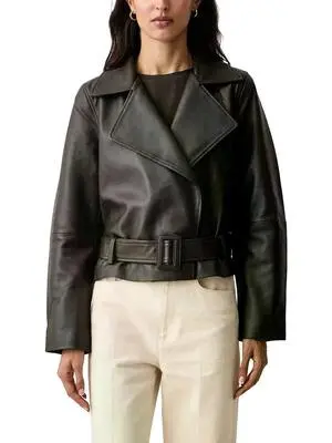 MOS MOSH Lasco Belted Leather Jacket - Brown