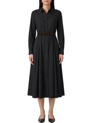 Max Mara Midi Chemisier Cotton Dress With Belt And Long Sleeves - Black