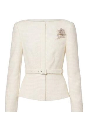Roland Mouret Belted Embellished Bouclé Jacket - White