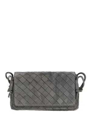 Bottega Veneta Notturno Intrecciato Suede Calfskin Shoulder Bag With Knotted Strap - Gray